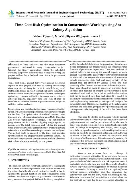 Pdf Time Cost Risk Optimization In Construction Work By Using Ant Colony Algorithm