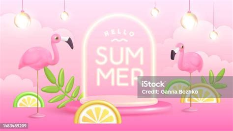 안녕하세요 3d 플라스틱 열대 과일 나뭇잎 플라밍고 네온 텍스트가 있는 여름 포스터입니다 여름 배경입니다 벡터 그림 네온에 대한