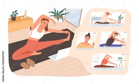 Smiling Woman Practicing Online Yoga Classes At Home Vector Flat