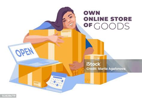 상품 상자를 가진 소녀 온라인 상점 쇼핑 및 배달 개념 자신의 사업 벡터 플랫 그림입니다 개념에 대한 스톡 벡터 아트 및 기타 이미지 Istock