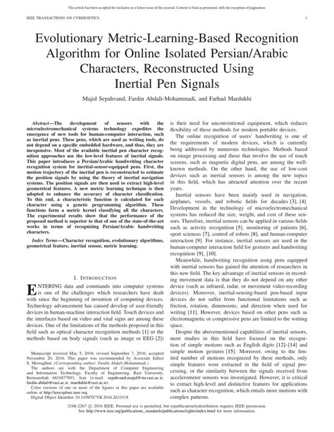 Pdf Evolutionary Metric Learning Based Recognition Algorithm For Online Isolated Persian