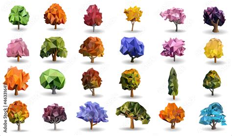Trees Multicolor Polygon Vector Icons Set Low Poly Modelling Geometric Origami And Tringle