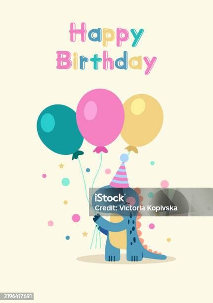 어린이 귀여운 인사말 카드입니다 풍선을 들고 있는 아기 공룡 초대 파티에 딱 맞습니다 생일 축하합니다 벡터 일러스트 레이 션 공룡에 대한 스톡 벡터 아트 및 기타 이미지