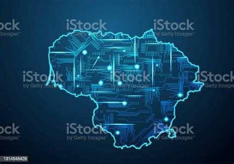리투아니아의 추상적 미래지도 회로 기판 디자인 지역의 전기 기술 배경 맵으로 어두운 때매시 라인과 포인트 비늘 리투아니아에 대한 스톡 벡터 아트 및 기타 이미지 Istock