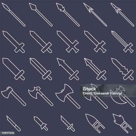 흰색 배경에 고립 된 25 윤곽 무기 아이콘의 벡터 세트 검 스피어스 도끼 칼 중세 무기 실루엣입니다 디자인 게임 웹에 대 한 벡터 일러스트 레이 션 강철에 대한 스톡 벡터