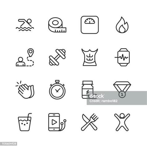 피트 니스 및 운동 라인 아이콘입니다 편집 가능한 스트로크 완벽 한 픽셀 모바일 및 웹에 적합 합니다 달리기 수영 운동 체육관 다이어트와 같은 아이콘이 포함 되어 있습니다