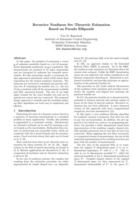 Pdf Recursive Nonlinear Set Theoretic Estimation Based On Pseudo