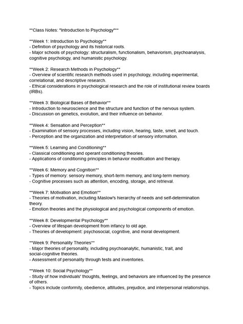 Class Notes Introduction To Psychology Pdf Psychology Mental Disorder