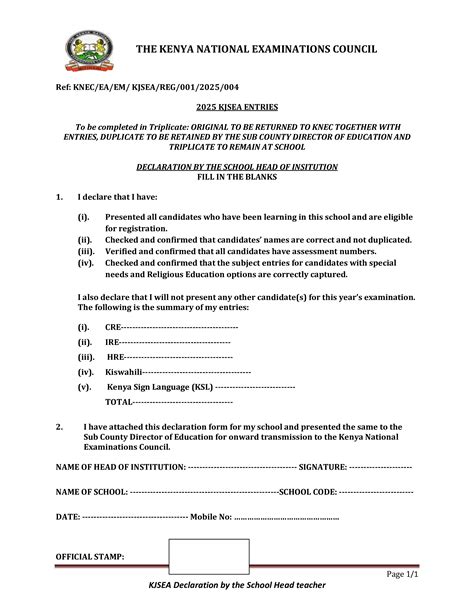 2025 Kjseakplea Declaration By The School Headteacher Form Knec