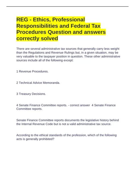 REG Ethics Professional Responsibilities And Federal Tax Procedures Question And Answers