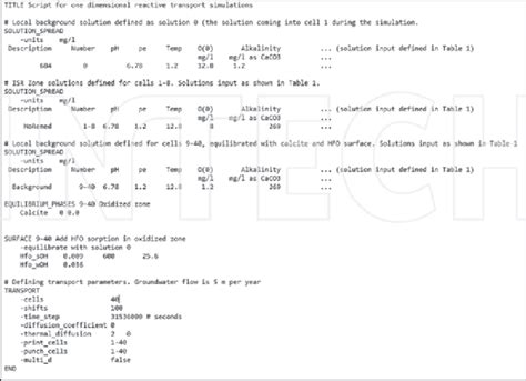 example of phreeqc script used for one dimensional reactive transport