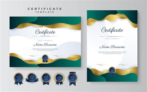 현대 우아한 짙은 녹색과 금 배지와 테두리가있는 업적 템플릿의 골드 인증서 졸업장 상 비즈니스 대학 학교 배경 및 기업을 위해 설계되었습니다 감탄에 대한 스톡 벡터 아트 및