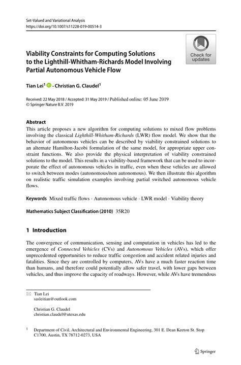 Pdf Viability Constraints For Computing Solutions To The Lighthill Whitham Richards Model