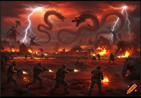 An Epic Fantasy Battle Scene With Dragons And Demons Clashing Against
