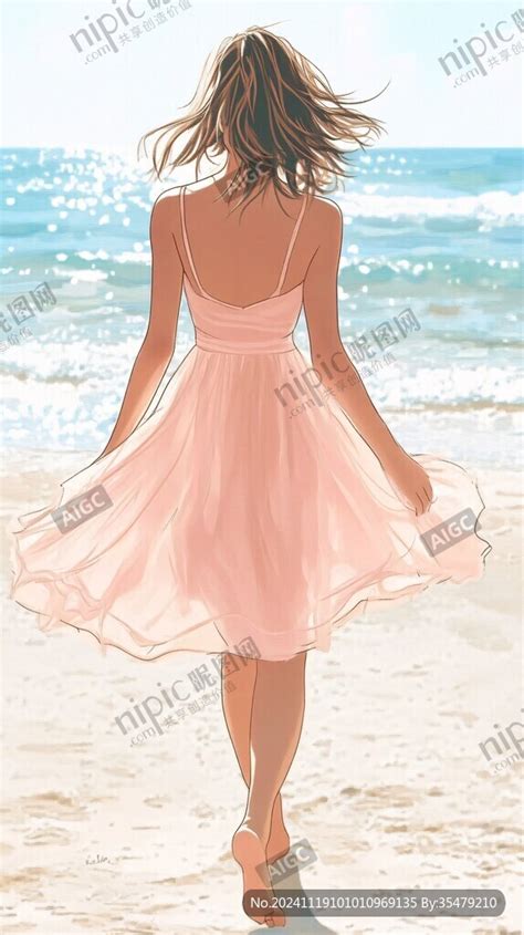 Ai创作图手绘海边散步的女孩 女生背影插画 海边少女插画 海滩漫步插画 海边女孩背影 女孩背影插画 背影女孩插画 美女海边背影 手绘美女背影 海边女背影 美女背影长裙女孩 海边女孩插画 手绘