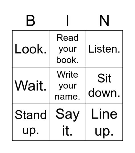 Classroom Commands Bingo Card