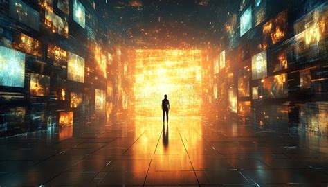 Man Facing A Wall Of Glowing Images Representing Big Data Concept Of