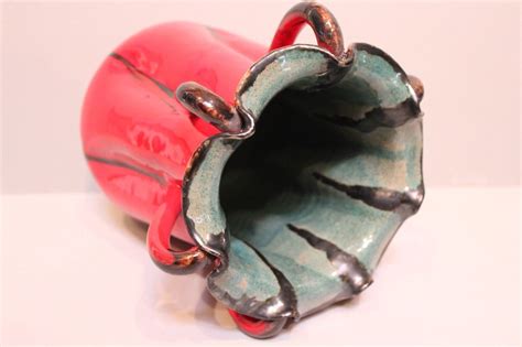 Billy Ray Hussey Pottery Folk Art Red Decorated Spider Vase Signed 1999