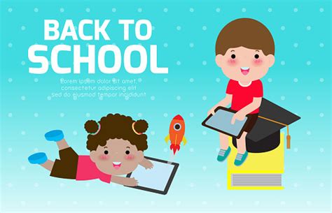 학교 교육 개념으로 돌아 아이들 아이들은 학교에 가서 광고 브로셔 텍스트 아이들과 프레임 어린이와 프레임 벡터 일러스트 레이션 만화 행복한 아이들을위한 템플릿 그림 광고에