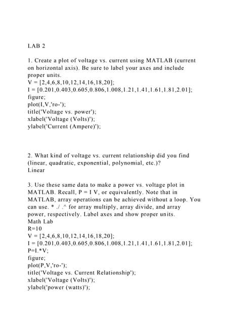 Lab 21 Create A Plot Of Voltage Vs Current Using Matlab Curdocx