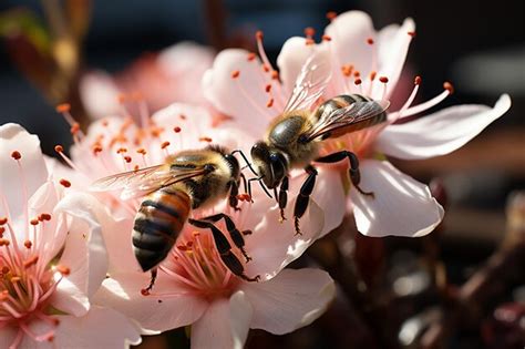 Closeup Of Bees Pollinating Flowers In Vibrant Garden Premium Ai