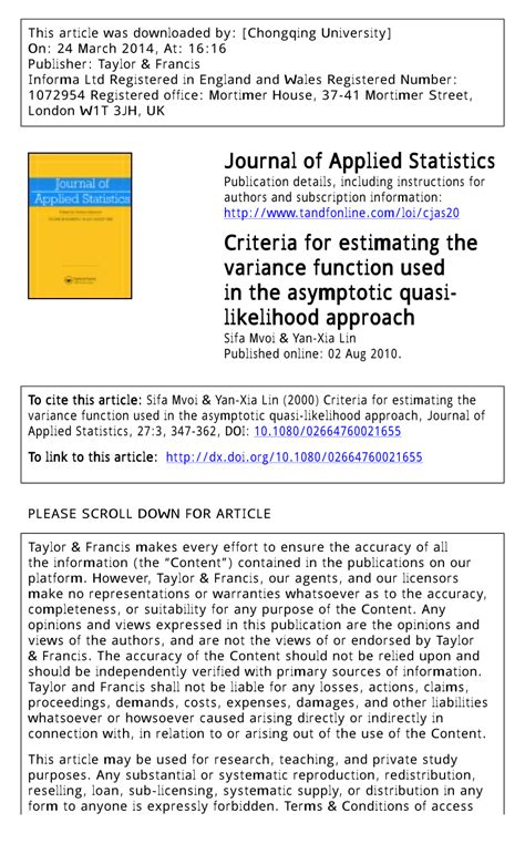 Pdf Criteria For Estimating The Variance Function Used In The Asymptotic Quasi Likelihood Approach