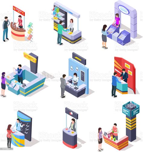Isometric 엑스포 스탠드 전시회 시범 스탠드와 사람들과 무역 노점 3d 벡터 세트 등측투영법에 대한 스톡 벡터 아트 및
