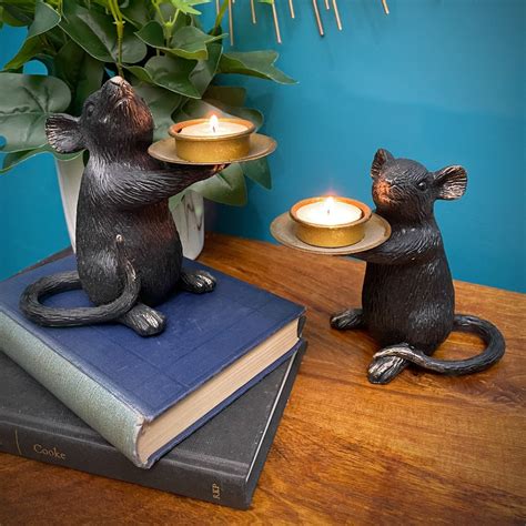 Black And Gold Mouse Candle Holder Pair Brown And Ginger