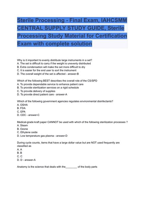 Sterile Processing Final Exam Iahcsmm Central Supply Study Guide