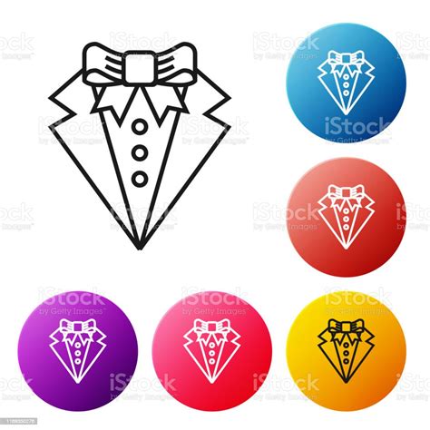 흰색 배경에 격리 된 검은 색 선 정장 아이콘입니다 턱시도 넥타이 웨딩 슈트 아이콘 다채로운 원 버튼을 설정합니다 벡터