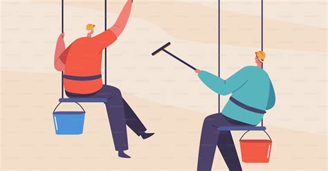 와셔 남성 캐릭터는 밧줄에 와이퍼가 매달려 있는 작업복 유니폼 세탁 창을 착용합니다 청소 회사의 남성 전문 직원 작업 과정 청소 서비스 만화 벡터 일러스트레이션 사진