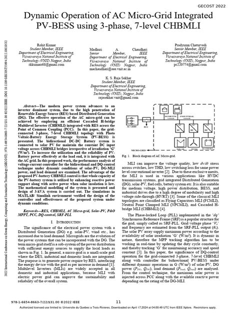 Dynamic Operation Of Ac Micro Grid Integrated Pv Bess Using 3 Phase97 Level Chbmli Pdf