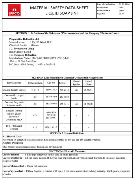 Material Safety Data Sheet Liquid Soap Jini Pdf Toxicity Chemical