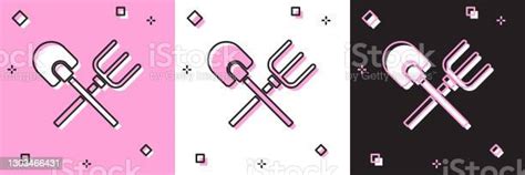 분홍색과 흰색 검은 색 배경에 고립 된 삽과 레이크 아이콘을 설정합니다 원예 농업 원예 농업을위한 도구 지상 재배자 벡터 가루로 빻은에 대한 스톡 벡터 아트 및 기타 이미지