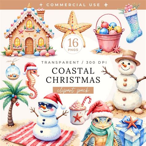 Coastal Christmas Clipart Pack Watercolor Holiday In July Tropical