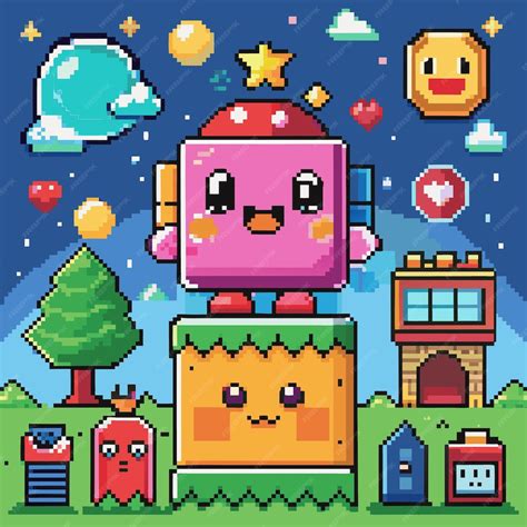 Pixelated Illustration Of A Cute Character On A Platform With A Star