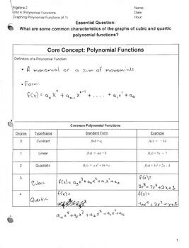 Algebra Graphing Polynomial Functions Guided Notes W Key TPT