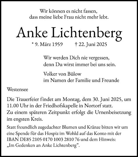 Traueranzeigen Von Anke Lichtenberg Trauer Anzeigende