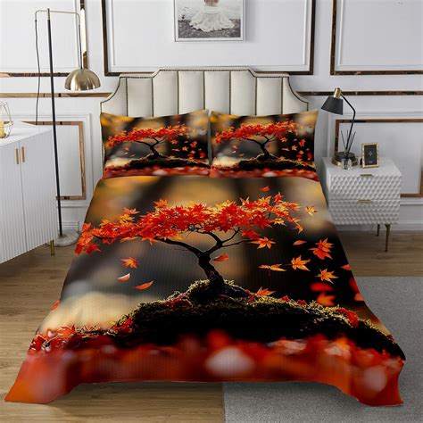 Maple Queen Size Bedspread Set Fall Autumn Harvest Bed Set Adults Teens