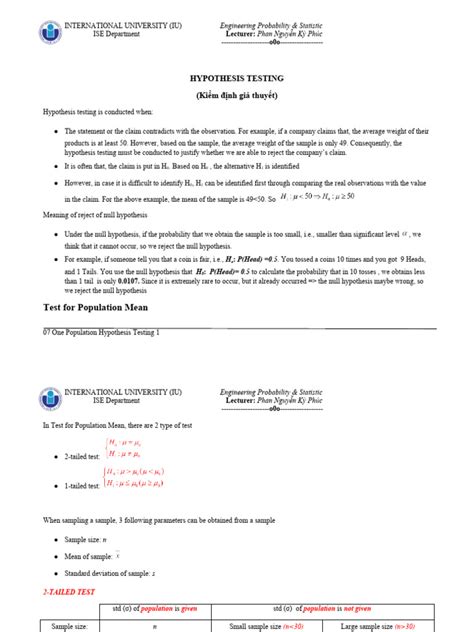 07 One Population Hypothesis Testing Pdf Sample Size Determination Statistical