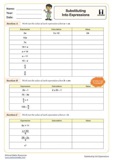 Substituting Into Expressions Worksheet Fun And Engaging Year 6 Pdf Worksheets