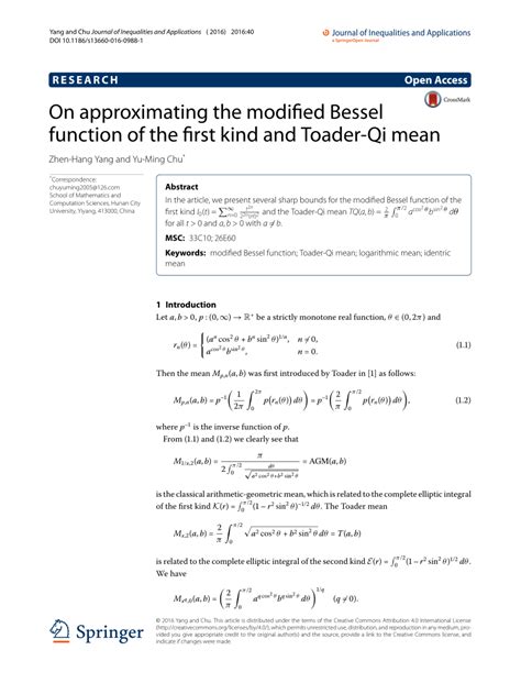 Pdf On Approximating The Modified Bessel Function Of The First Kind And Toader Qi Mean