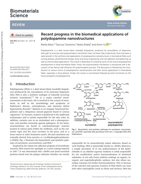 Pdf Recent Progress On The Biomedical Applications Of Polydopamine Nanostructures