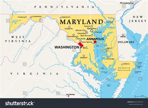 Maryland Md Political Map State Mid Atlantic Stock Vector Royalty Free
