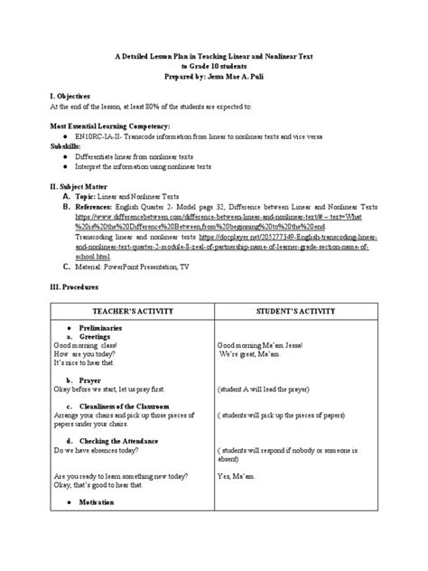 A Detailed Lesson Plan In Teaching Linear And Nonlinear Text Download Free Pdf Infographics