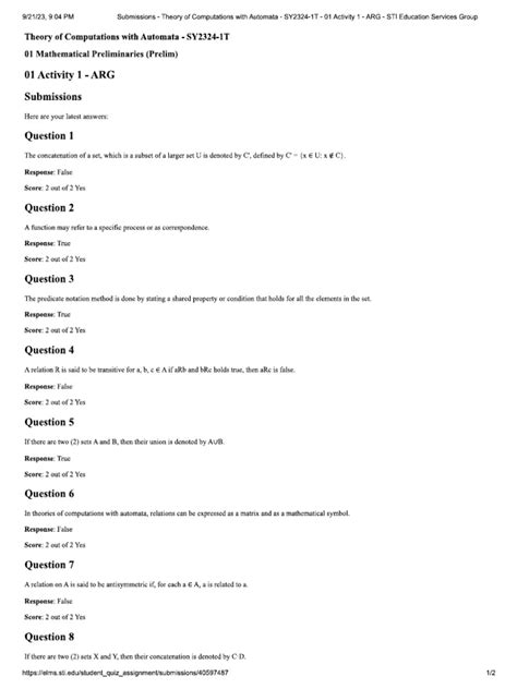 Theory Of Computations With Automata Activity 1 Pdf
