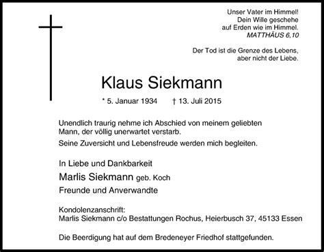 Traueranzeigen Von Klaus Siekmann Trauer In Nrw De