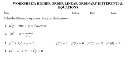 Solved Worksheet Higher Order Linear Ordinary Differential