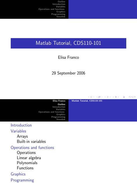 Matlab Tutorial Cds110 101 Elisa Franco Pdf Matlab Matrix Mathematics