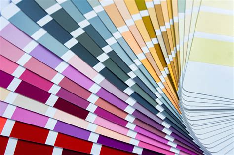 인테리어 디자인과 장식에 사용할 수있는 색상의 범위를 표시하는 색상 가이드 복사 공간이있는 흰색 배경에 페인트 샘플 팔레트가있는 다채로운 색상 가이드 샘플 Raw Wcp